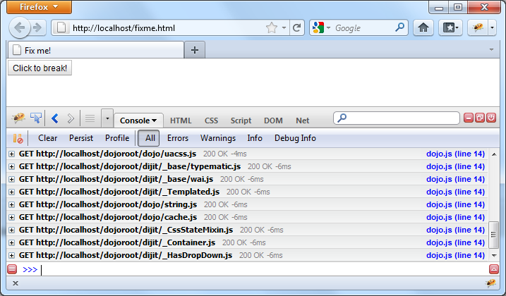 Debugging Tutorial — The Dojo Toolkit Reference Guide 